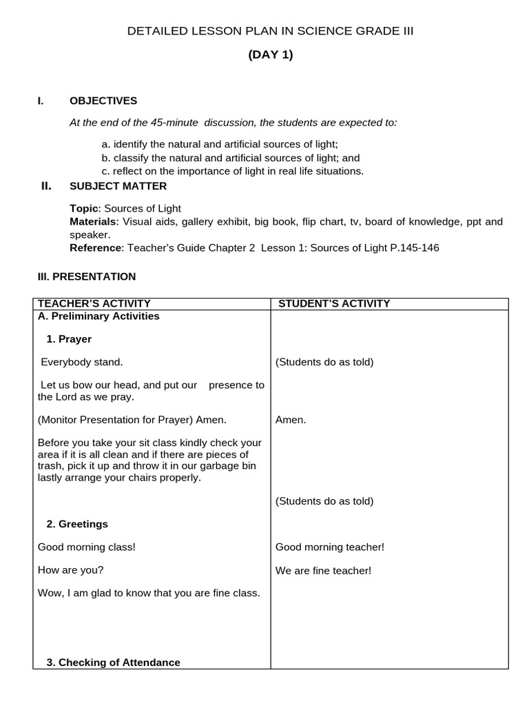 Detailed Lesson Plan in Science Grade Iii Predemo | PDF | Light | Sun