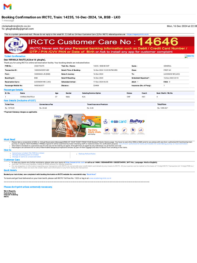 IRCTC Train Ticket Confirmation Details | PDF | Service Industries