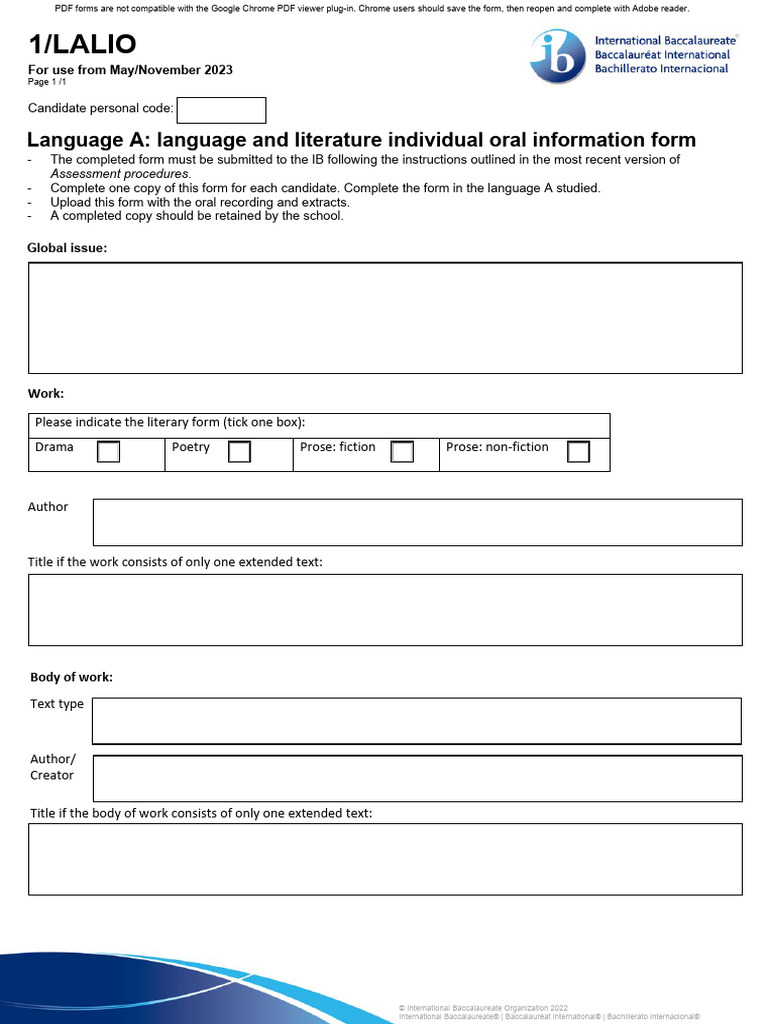 Language A Language and Literature Individual Oral Information Form | PDF