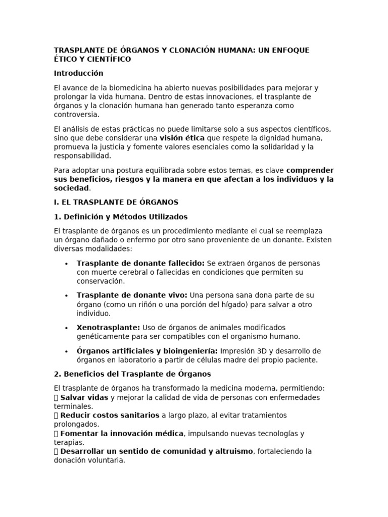 Ética del Trasplante y Clonación Humana | PDF | Clonación | Donación de ...