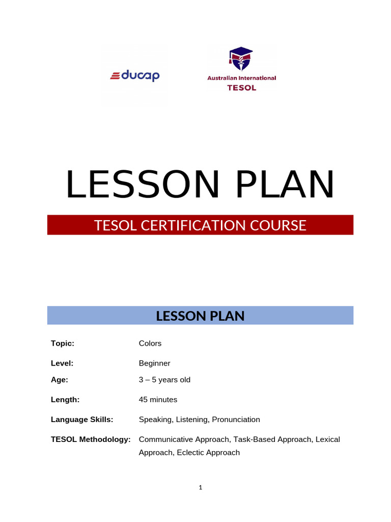 Beginner Colors Lesson Plan for Kids | PDF | English As A Second Or ...