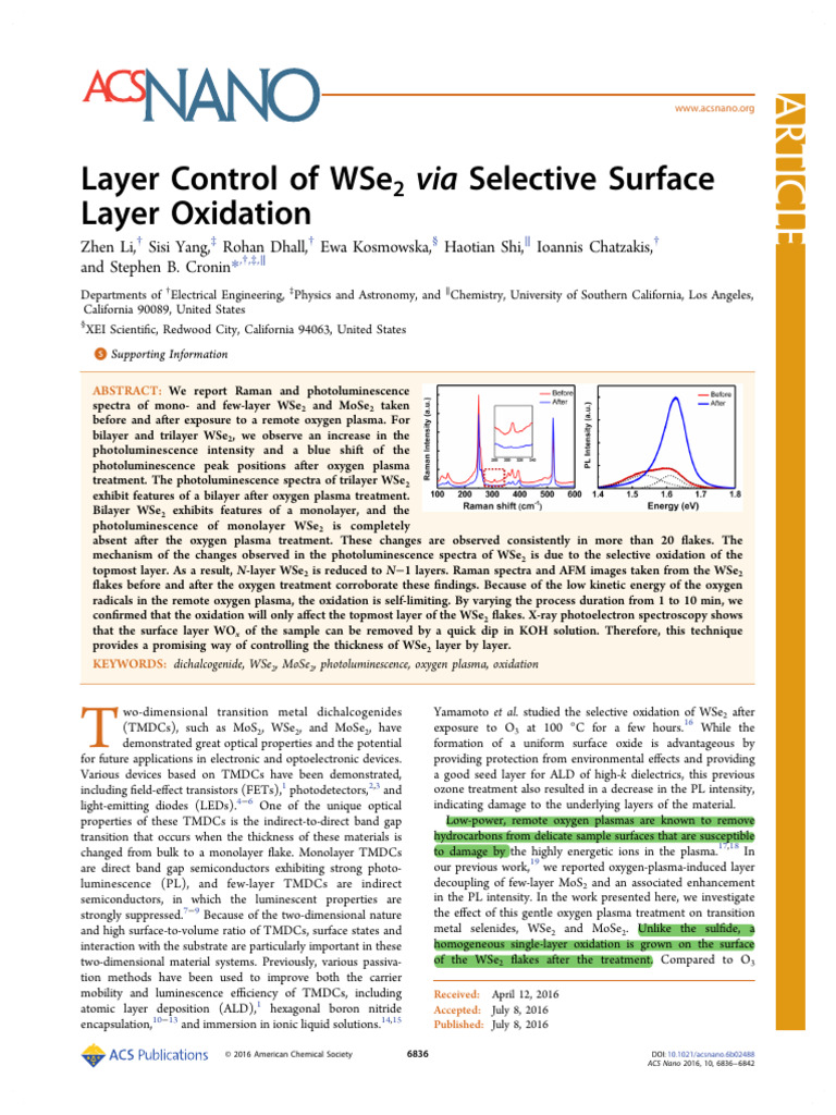 Layer Control of WSe2 Via Selective Surface Layer Oxidation | PDF | X ...