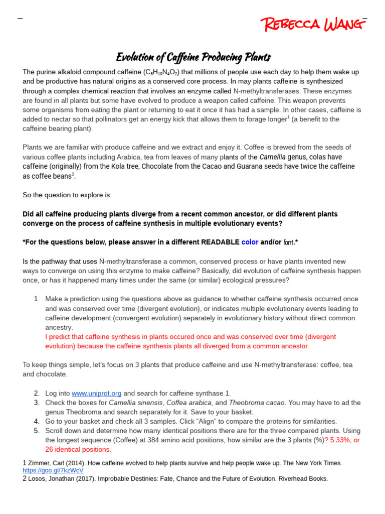 Rebecca Wang Evolution of Caffeine Producing Plants | PDF | Caffeine ...