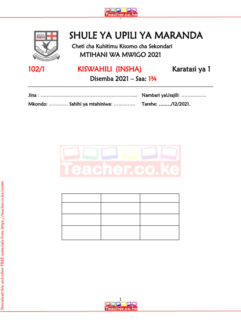 2022 Maranda Mock 102 KISWAHILI P1 QS Teacher - Co .Ke | PDF
