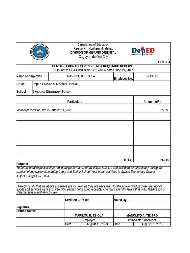 Certification-Expenses-Not-Requiring-Receipts-for-NLC-Meal-Expenses D1 | PDF