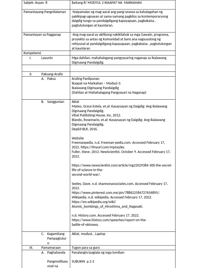 Arpan 8 DLL Q4 Modyul 3 | PDF