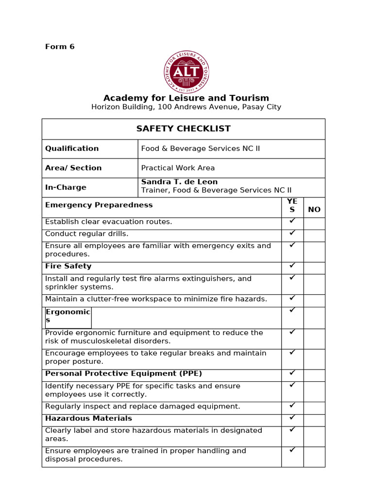 Safety Checklist for Food & Beverage Services | PDF | Fire Safety | Hazards