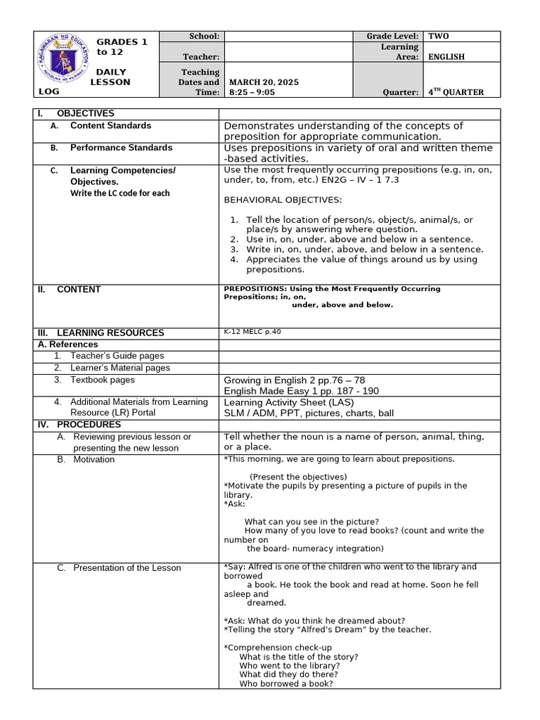 DLP Observation Demo q4 Preposition | PDF | Learning | English Language
