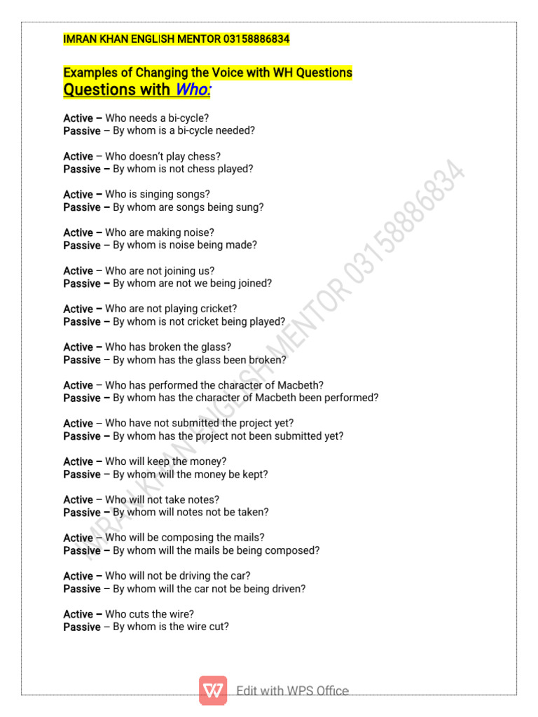 WH Questions: Active to Passive Voice | PDF | Grammar | Syntax
