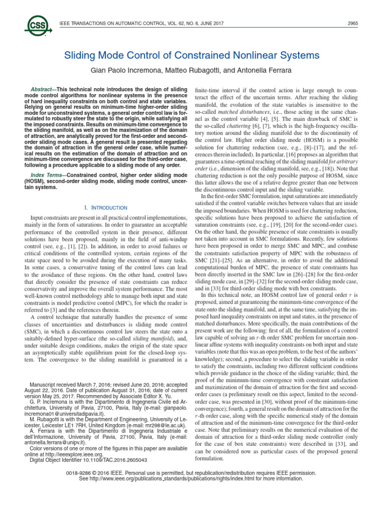 Sliding Mode Control of Constrained Nonlinear Systems | PDF | Dynamical System | Mathematics