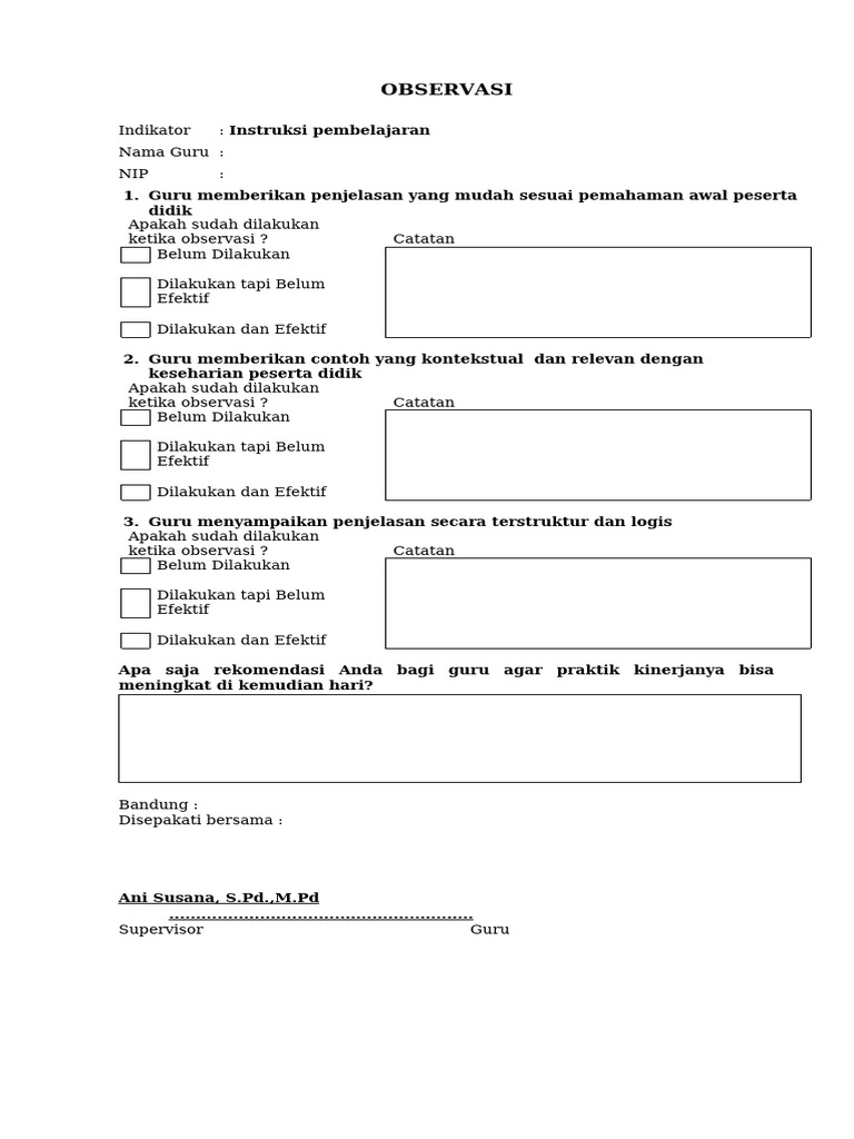 Observasi Indikator Instruksi Pembelajaran Edit | PDF