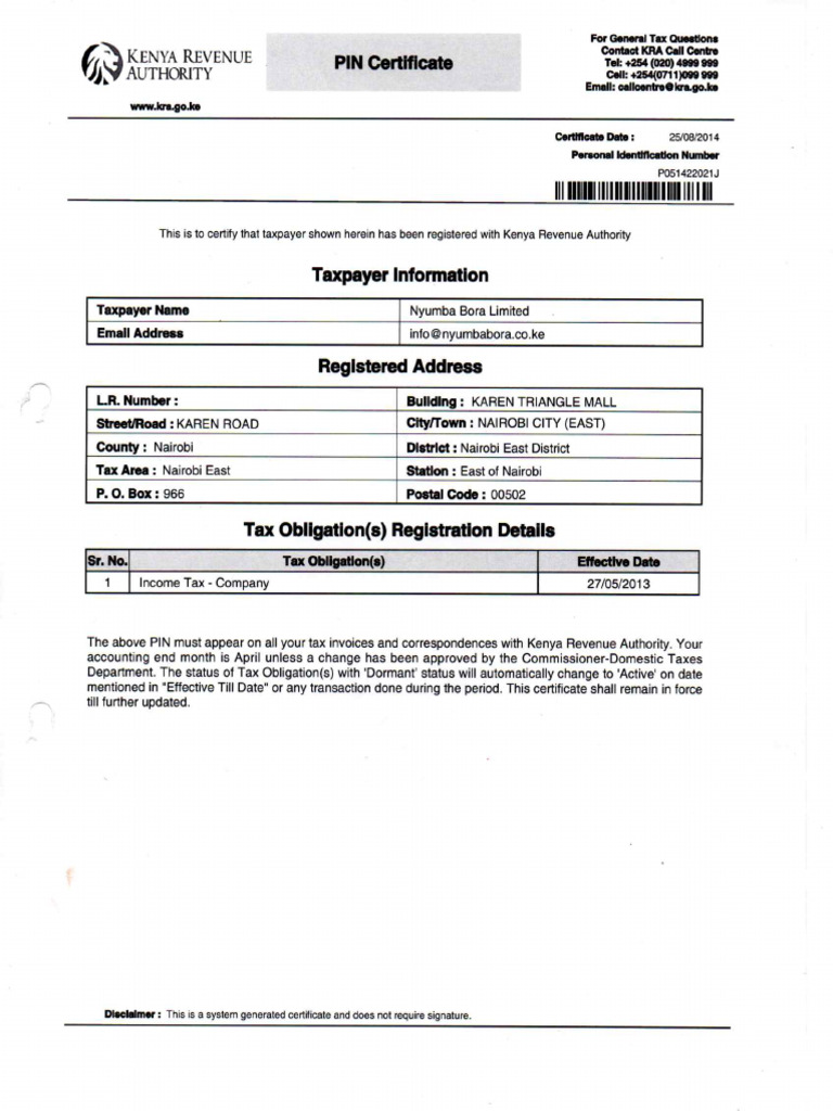 PIN Certificate-NyumbaBora LTD | PDF