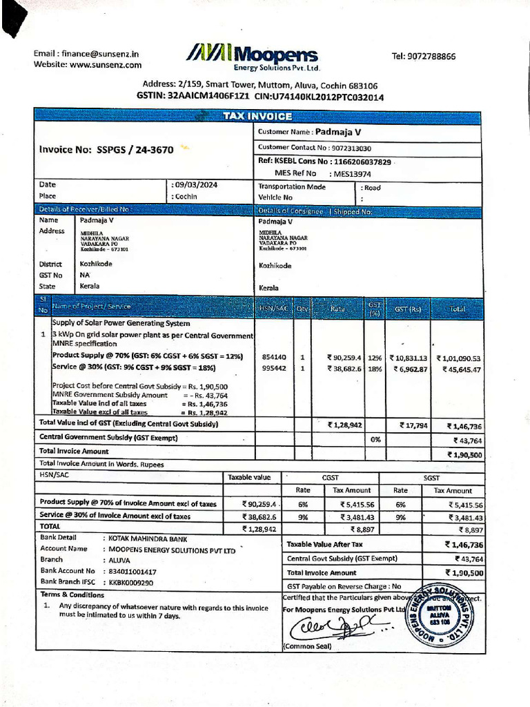 Moopans Solar Bill | PDF