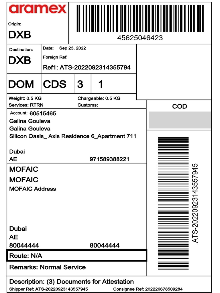 Aramex Label Shipment 45625046423 Request ATS-20220923143557945 | PDF