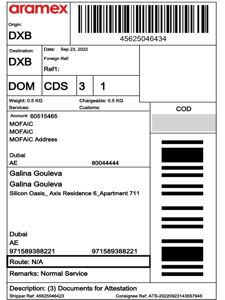 Aramex Retrun Label Shipment 45625046434 Request ATS-20220923143557945 ...