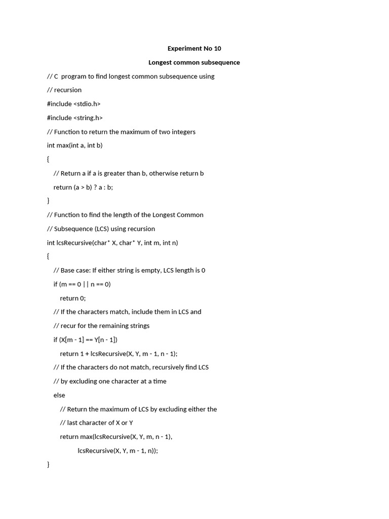 Experiment No 10 Longest Common Subsequence | PDF