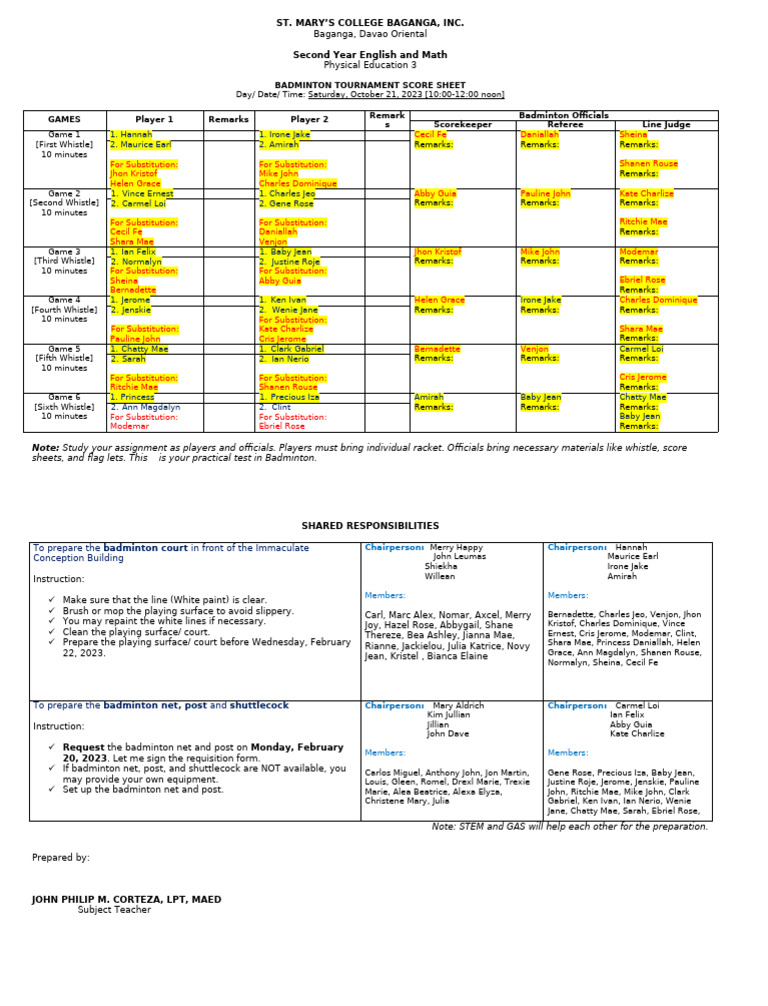 Badminton Tournament Score Sheet | PDF