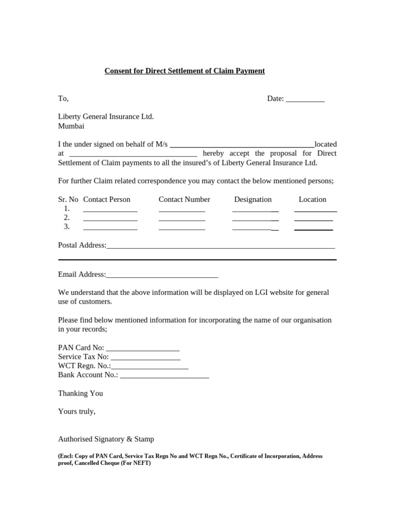 Draft - Consent For Direct Settlement of Claim Payment | PDF