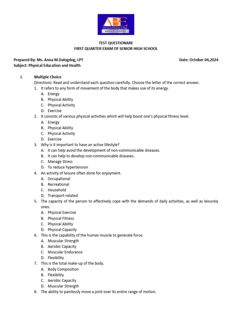 Test Questionare For Pedh2111 | PDF | Physical Fitness | Stress (Biology)