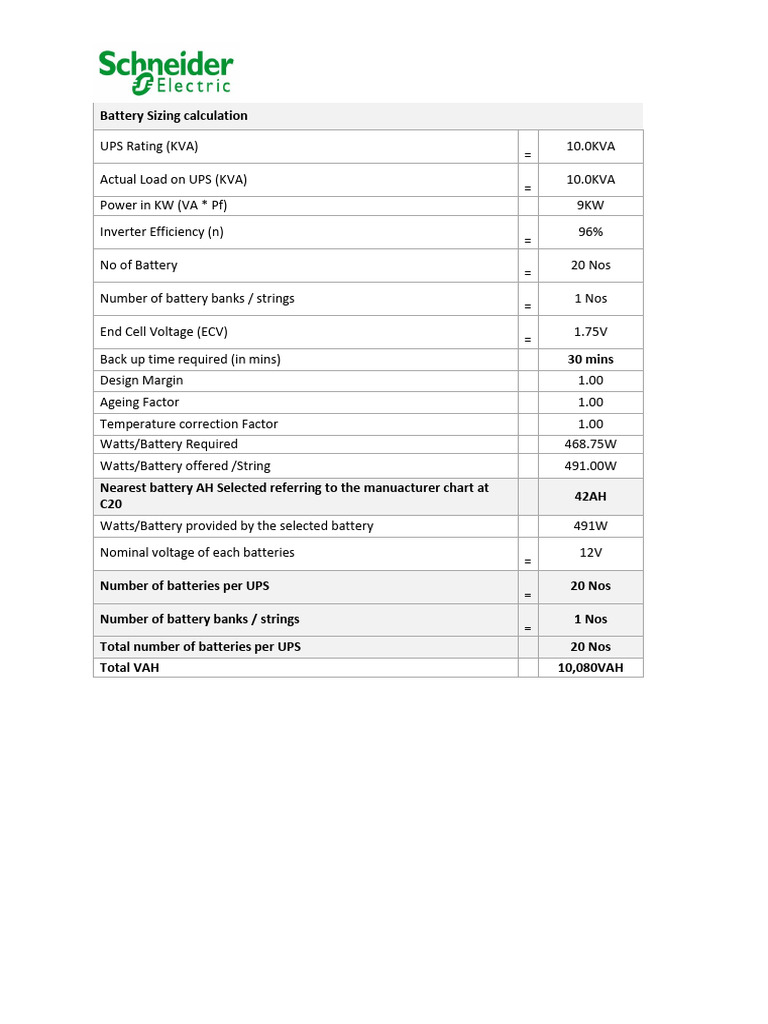 UPS Battery Sizing Calculation Guide | PDF