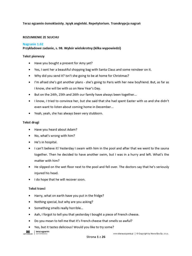 Teraz Egzamin Ã Smoklasisty - JÄ Zyk Angielski - Repetytorium - Transkrypcja Nagraå | PDF