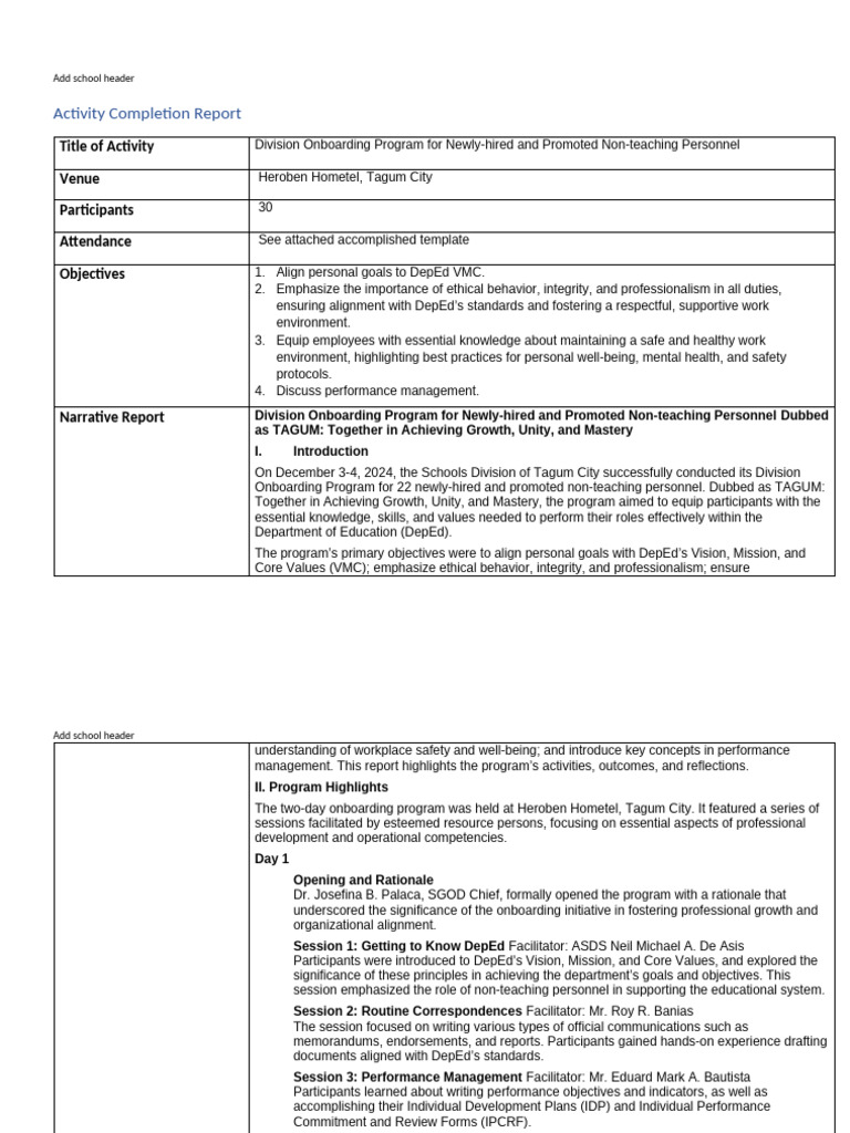 Sample Activity Completion Report | PDF | Goal | Integrity