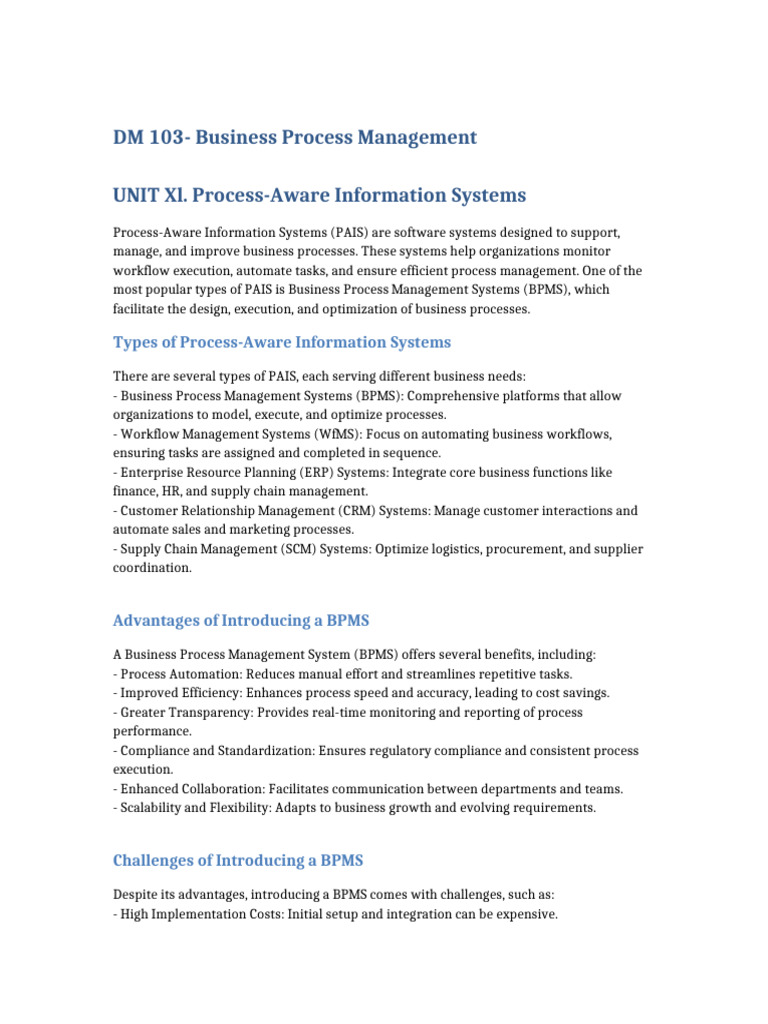 UNIT Xl. Process Aware Information Systems-1 | PDF | Business Process Management | Supply Chain ...