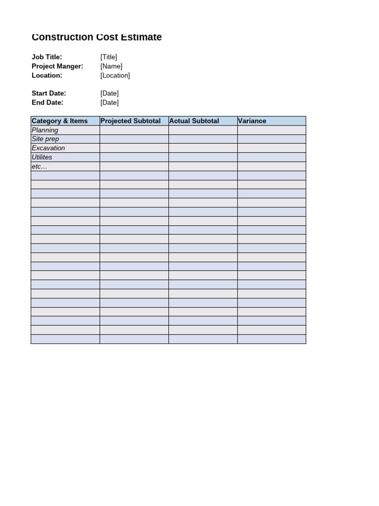Construction Cost Estimate Template | PDF