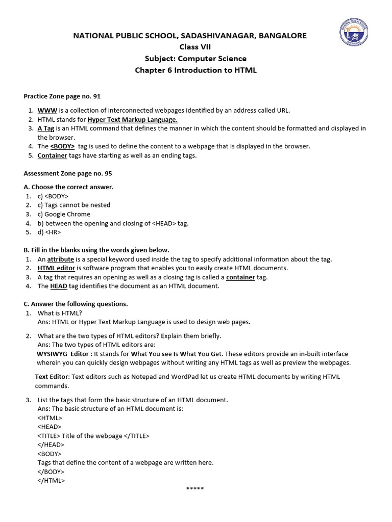 Grade 7 Chapter 6 Introduction To HTML | PDF