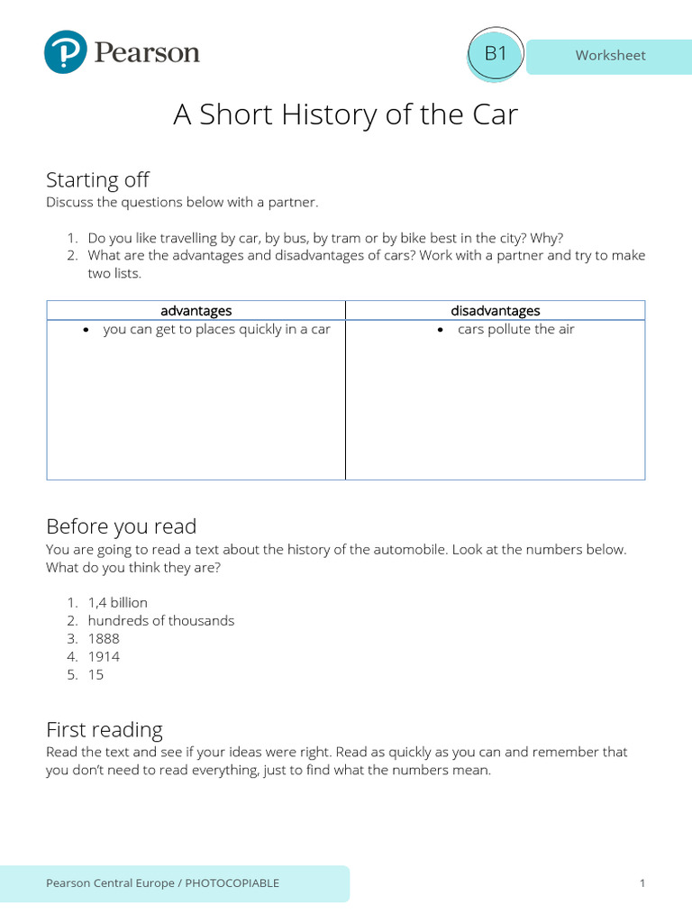 b1 Teenagers A Short History of The Car Lesson Plan Worksheet | PDF ...