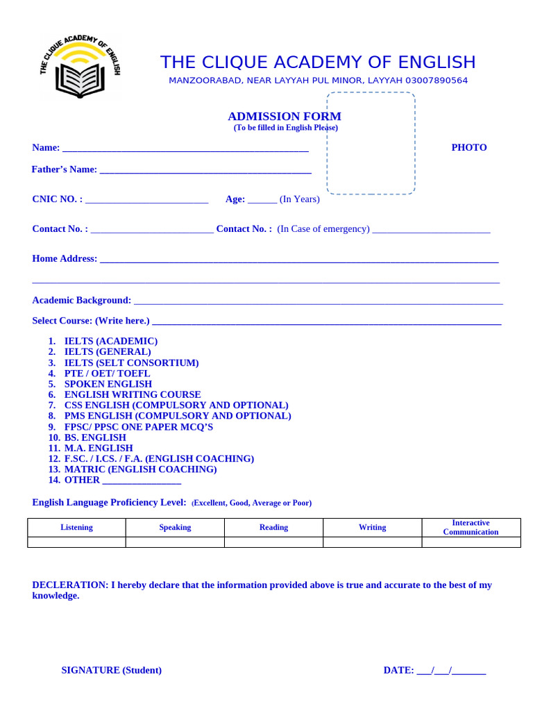 Admission Form Updated Original | PDF