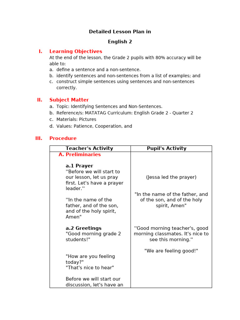 Detailed Lesson Plan in English 2-Q2 | PDF | Lesson Plan | Sentence ...