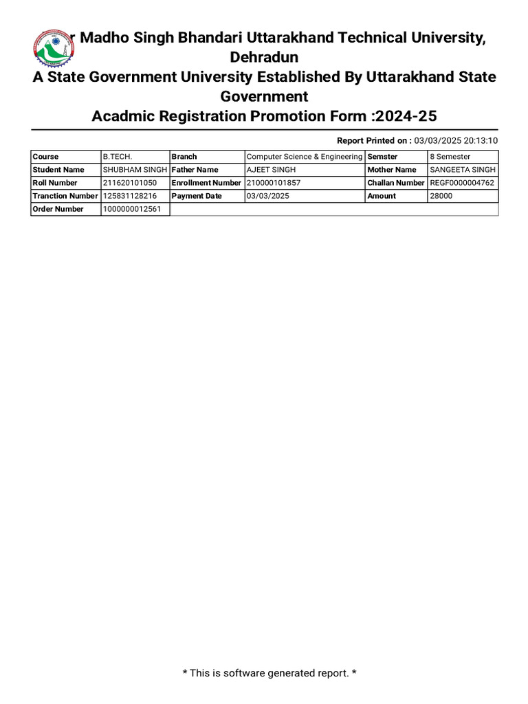 B.Tech CSE Academic Registration Form 2024-25 | PDF