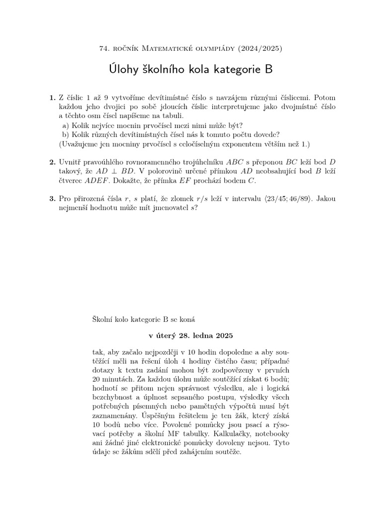 Úlohy Školního Kola Kategorie B: 74. Ročník Matematické Olympiády (2024/2025) | PDF