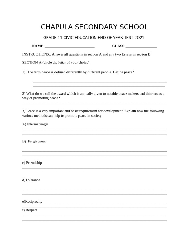 Civic Ed Grade 11 End of Year Test | PDF | Peace | Conflict Resolution
