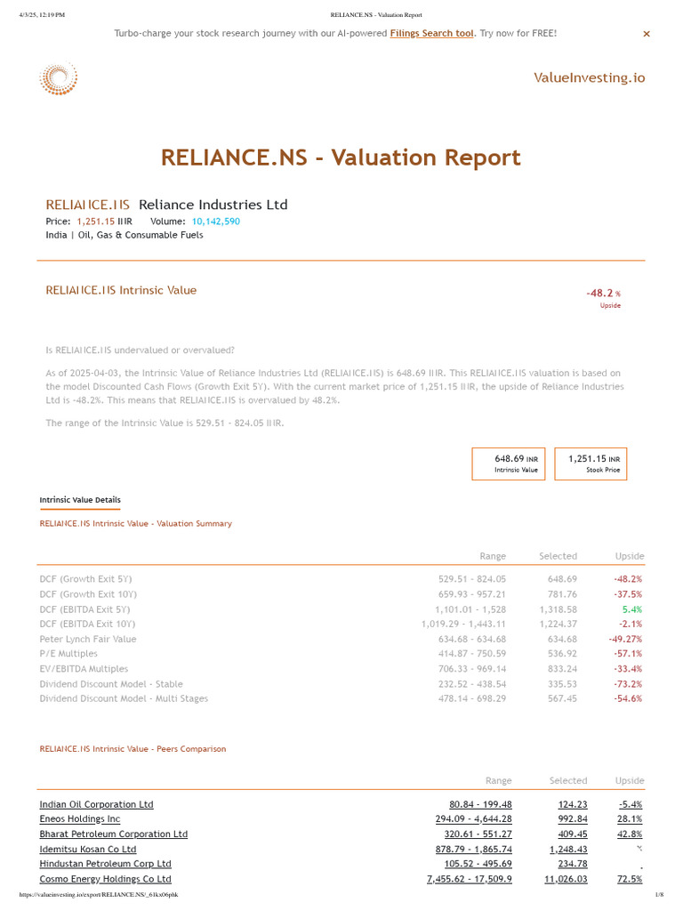 RELIANCE - NS - Valuation Report | PDF | Valuation (Finance) | Expense
