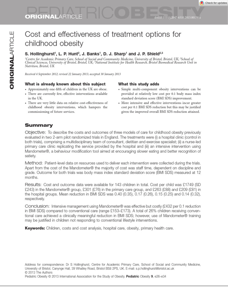 Pediatric Obesity - 2013 - Hollinghurst - Cost and Effectiveness of Treatment Options For ...