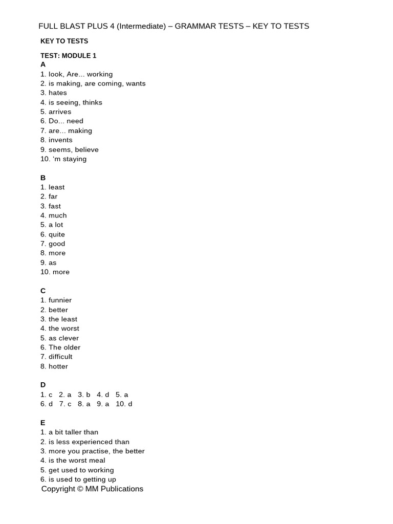 Full Blast PLUS 4 (Intermediate) - KEY To Grammar Tests | PDF