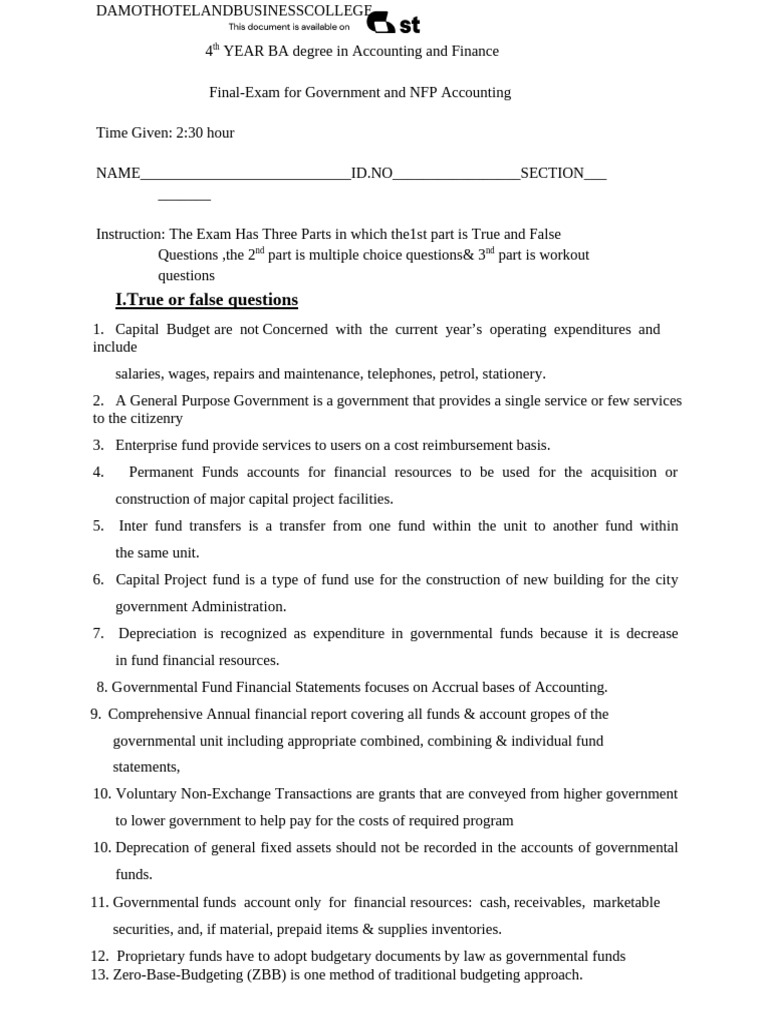Final-Exam For Government and NFP Accounting | PDF | Fund Accounting ...