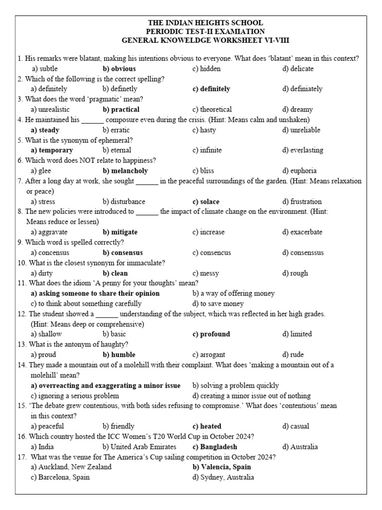 General Knowledge Worksheet (VI-VIII) PT-II | PDF | Jawaharlal Nehru