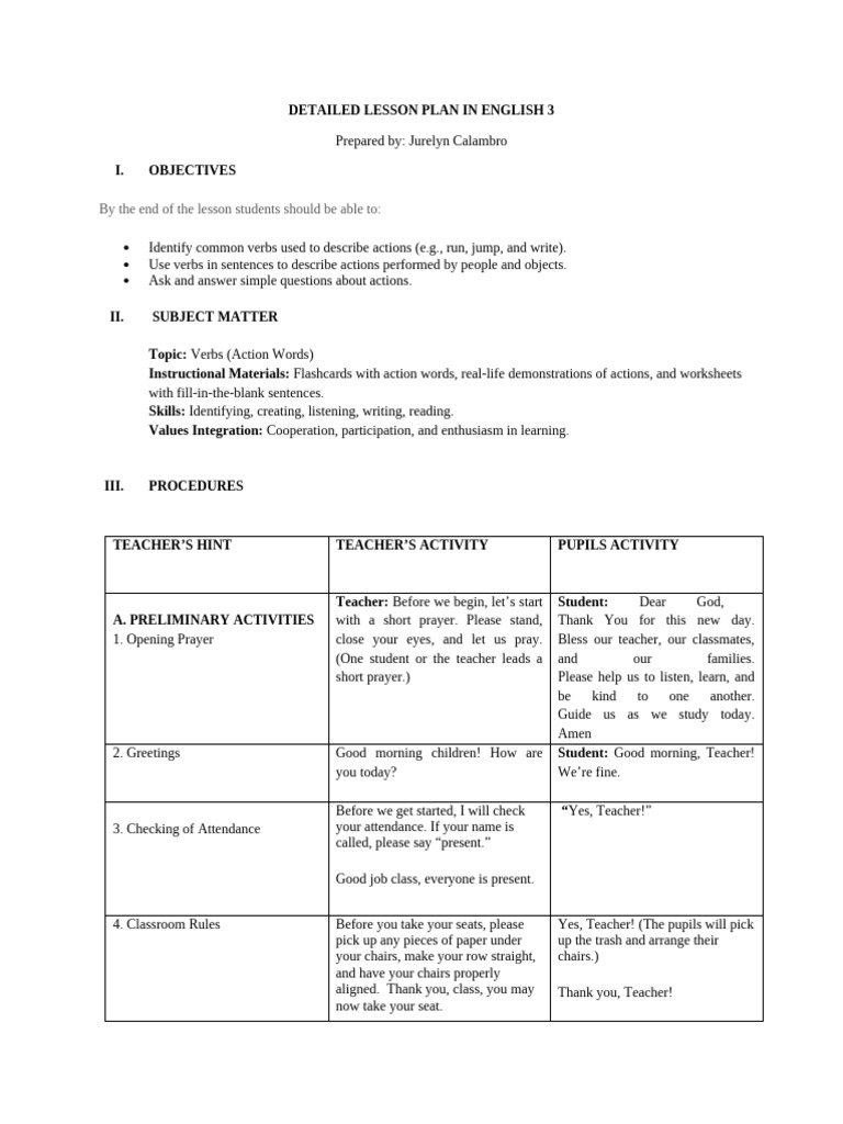 Detailed Lesson Plan in English 3 Verbs | PDF | Teachers | Lesson Plan