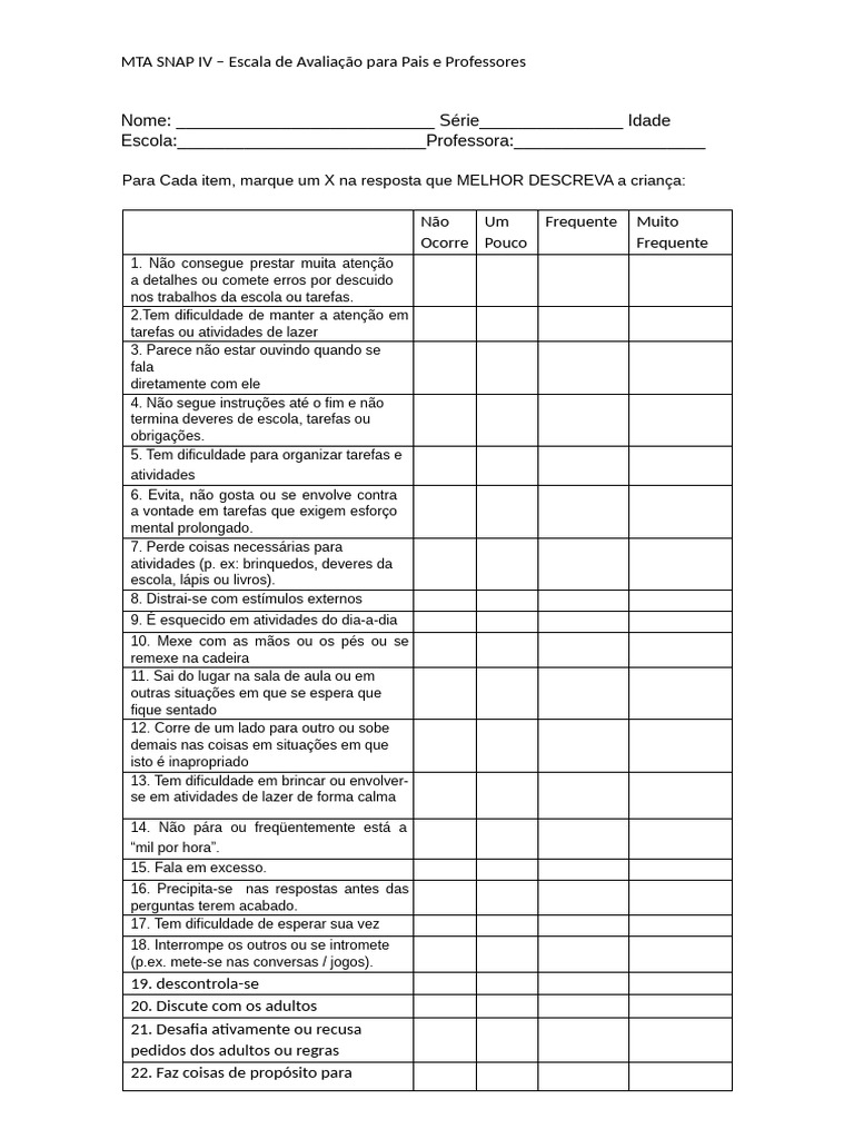 ESCALA - SNAP IV – Escala de AvaliaçãoPais e Professores | PDF