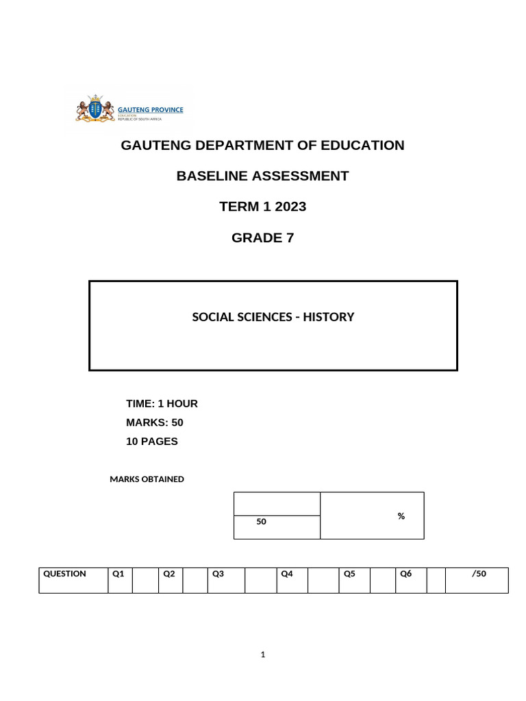 Grade 7 History Baseline Assessment 2023 | PDF