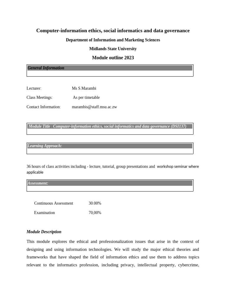 DSI137 Ethics Module Outline 2022 | PDF | Information | Informatics