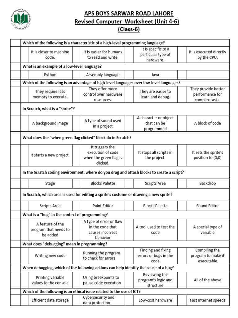 Grade 6 Scratch Computer Worksheet | PDF | Scratch (Programming ...