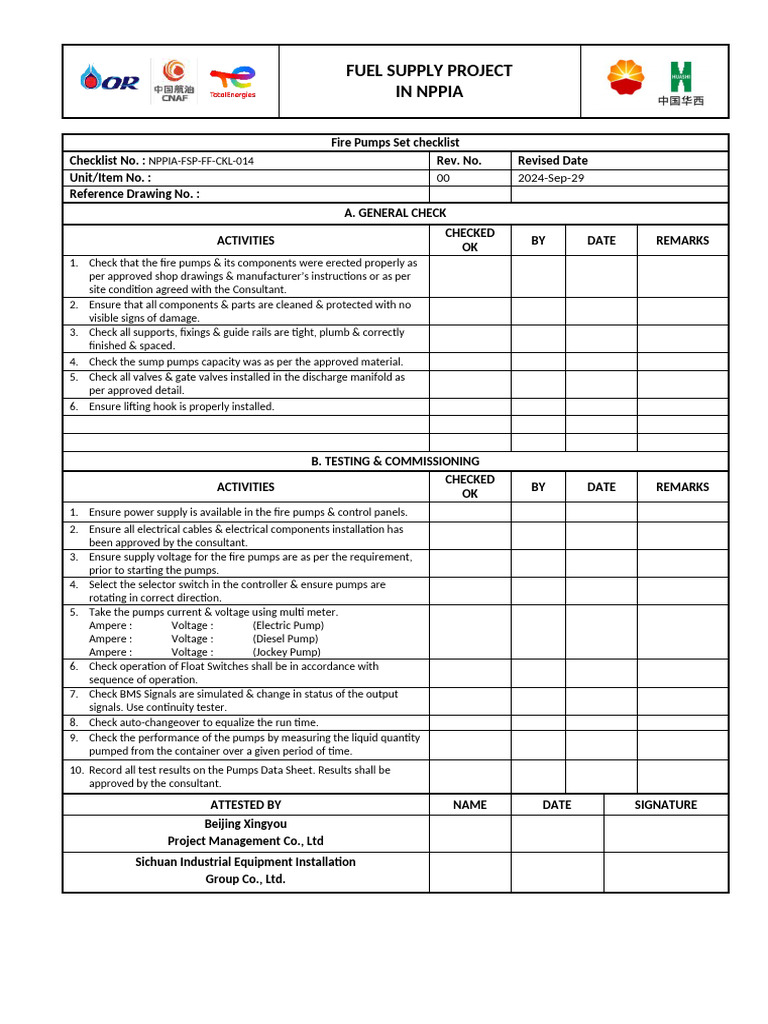 Fire Pumps Set checklist-2024.Sep.29-Rev.00 | PDF | Pump | Power Supply