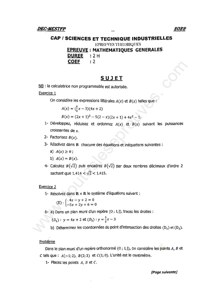 Sujet CAP Maths 2022 Corrigé | PDF | Mathématiques