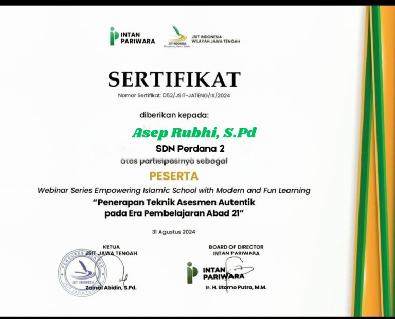 Sertifikat Pak Asep Rubhi, S.pd Asesmen Autentik | PDF