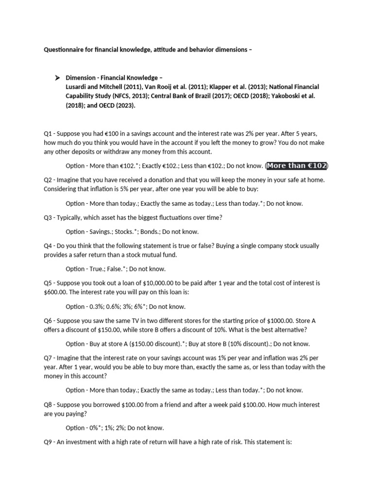 Financial Literacy Questionnaire Insights | PDF | Cost Of Living | Interest