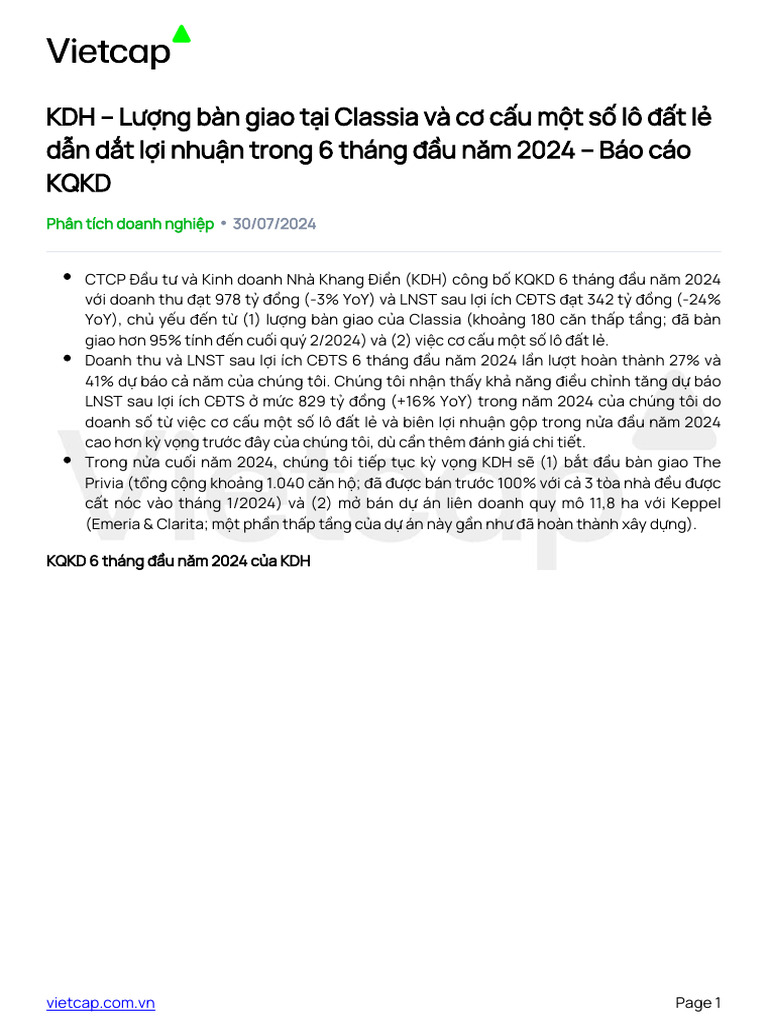 KDH Luong Ban Giao Tai Classia Va Co Cau Mot So Lo Dat Le Dan Dat Loi Nhuan Trong 6 Thang Dau ...